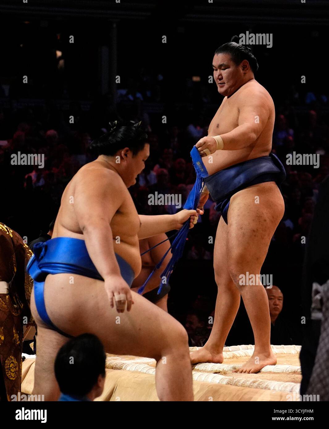 Yokozuna Onosato is thrown out of the ring by yokozuna Hoshoryu on day five of the Grand Sumo ...