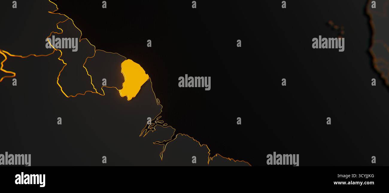Golden French Guiana 3d map surrounded with other countries in black ...