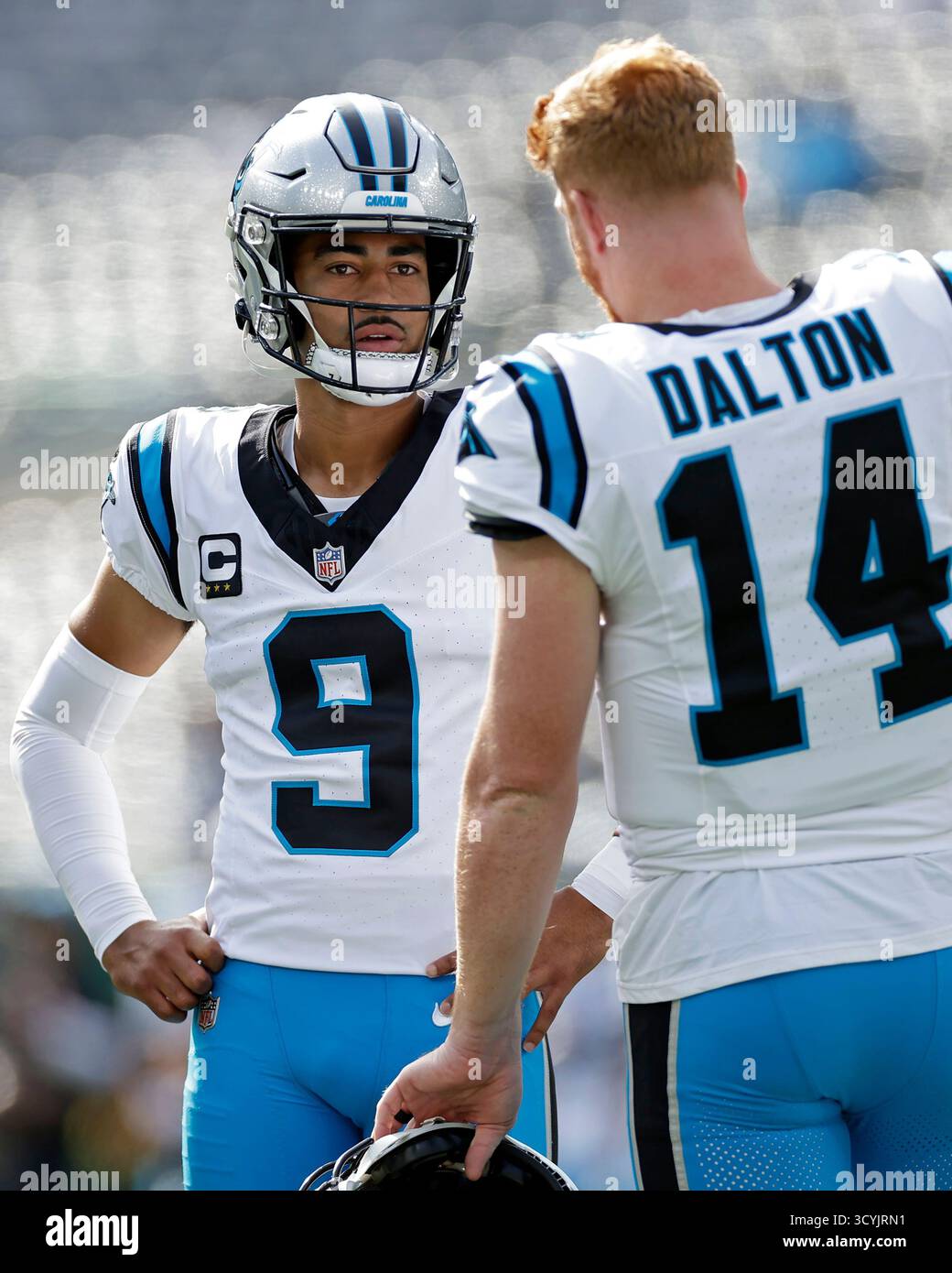 Carolina Panthers quarterback Bryce Young (9) warms up before an NFL ...