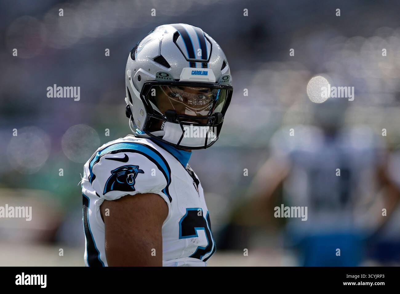 Carolina Panthers running back Chuba Hubbard (30) warms up before an ...