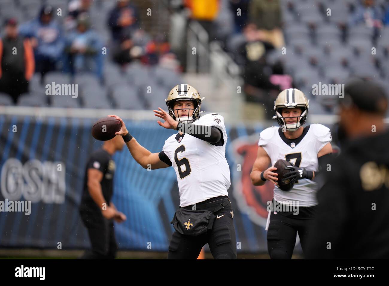 New Orleans Saints quarterback Tyler Shough (6) and tight end Taysom ...