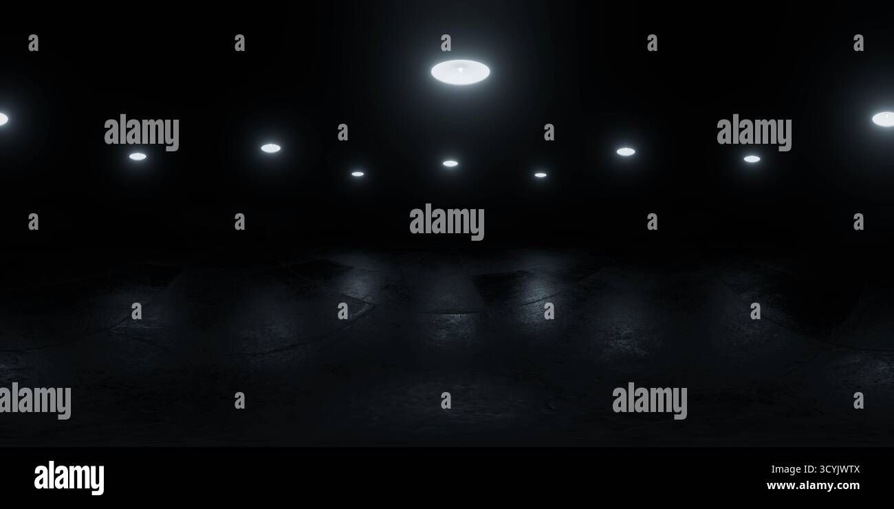 Dark room with circular ceiling lights 360 vr panorama Stock Photo - Alamy