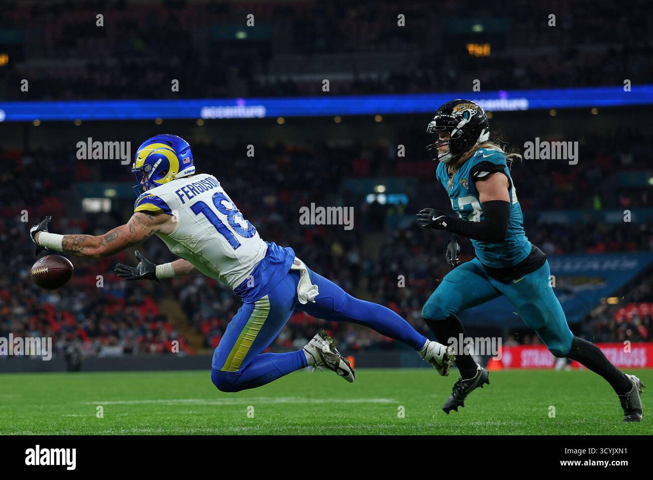 Los Angeles Rams tight end Terrance Ferguson (18) drops the ball during ...