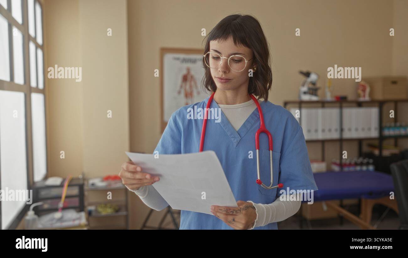 Woman doctor wearing blue scrubs reading paper with hand holding ...