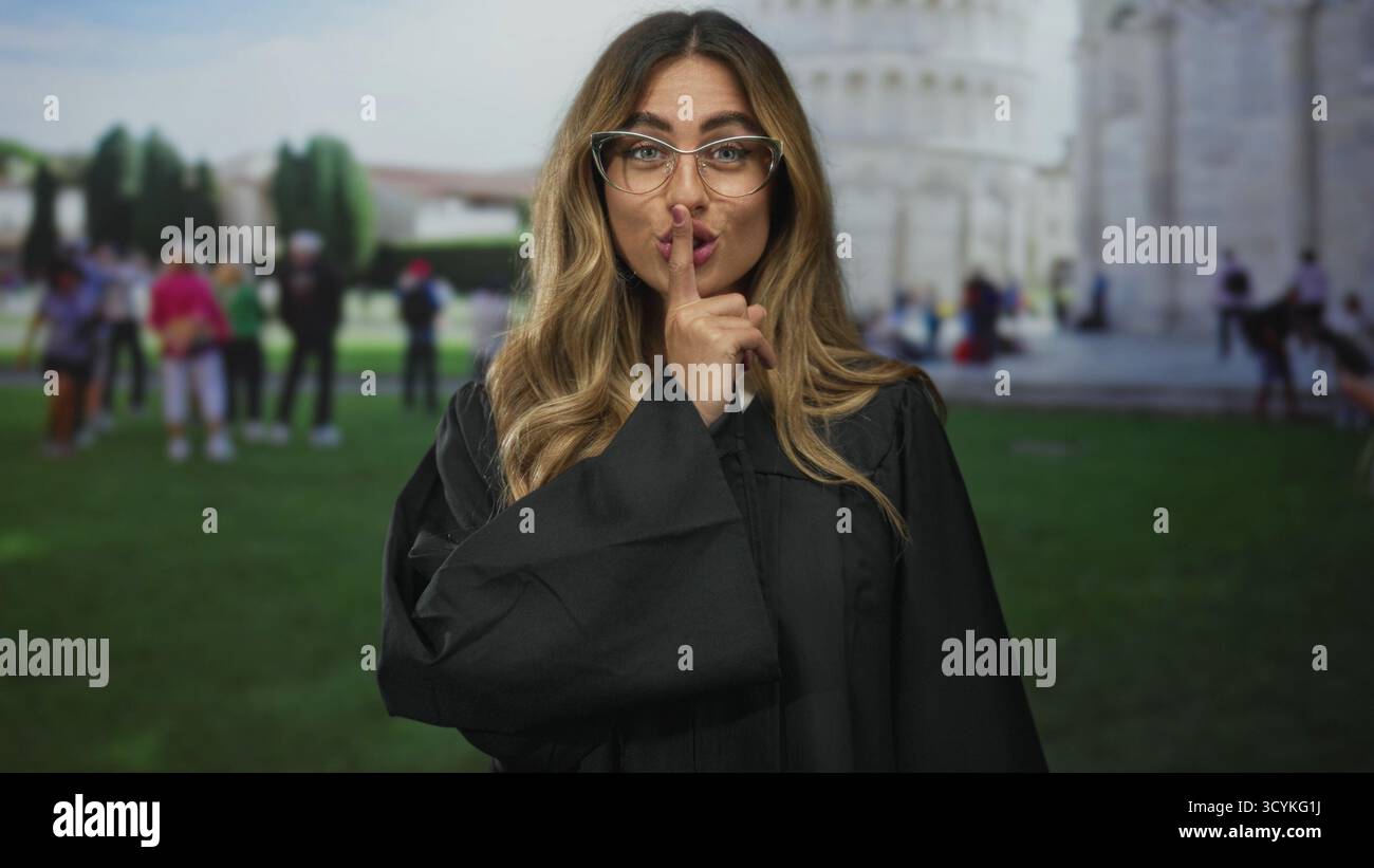 Woman wearing judge robe and glasses with finger to lips for silence in ...