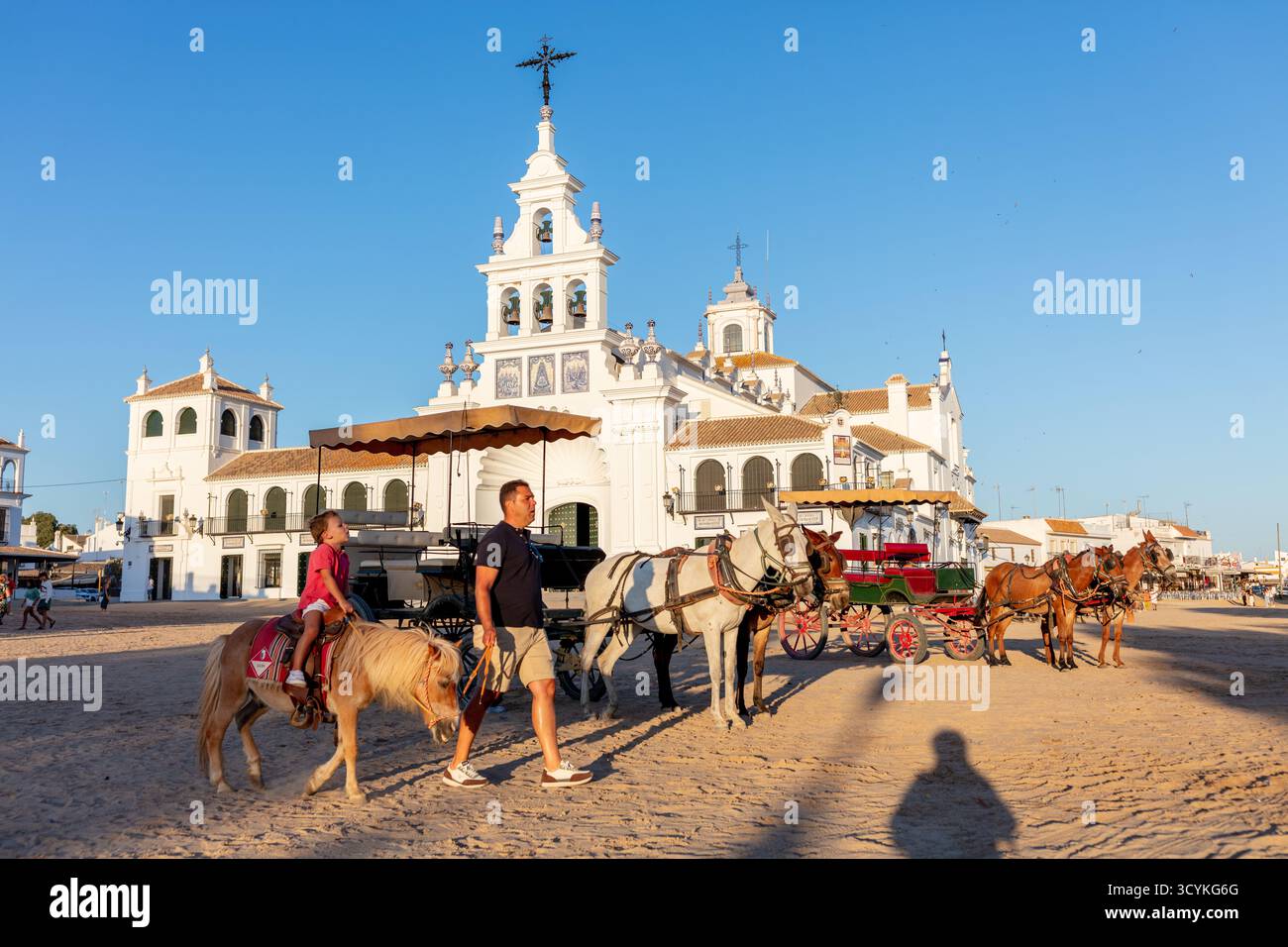 El Rocio, Sevilla, Andalusia, Spain. 28 August 2025. Horses tied in ...