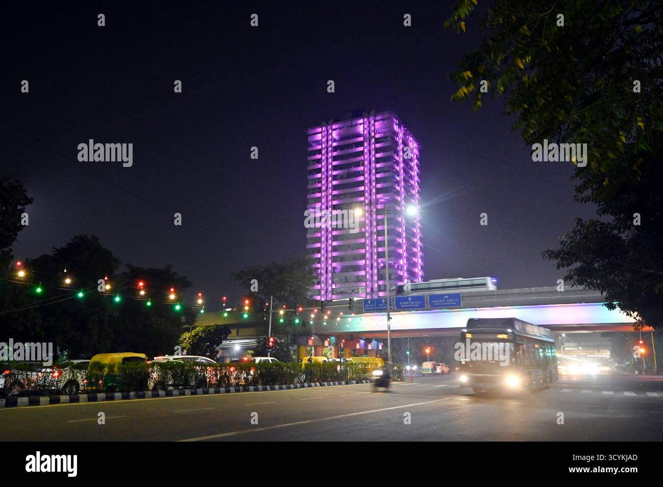 NEW DELHI, INDIA - OCTOBER 19: Vikas Minar DDA building illuminated on ...