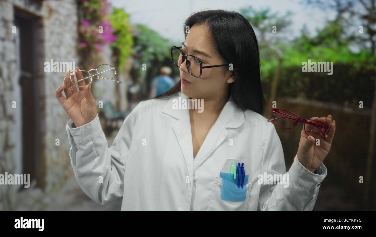 Woman optician in white coat holding glasses outdoors with blurry ...