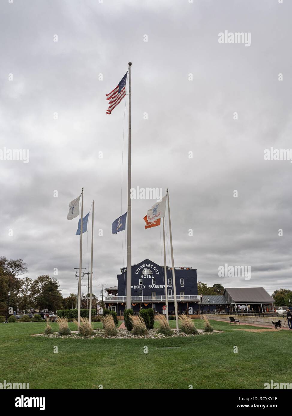 Historic Delaware City Hotel and multiple flags including the American ...