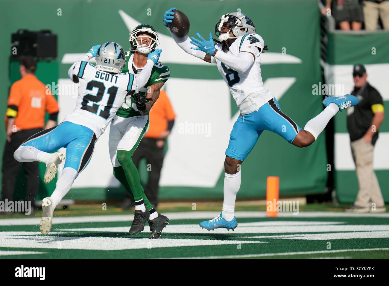 Carolina Panthers cornerback Jaycee Horn (8) intercepts a pass intended ...