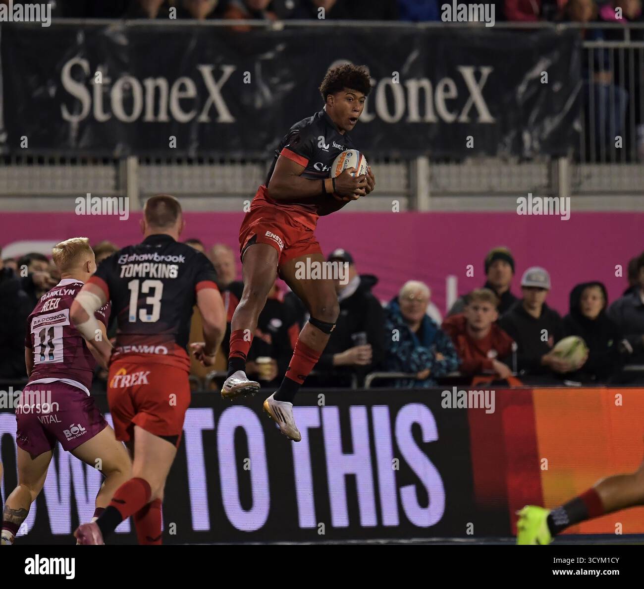 Noah Caluori of Saracens jumps for the ball during the Gallagher ...