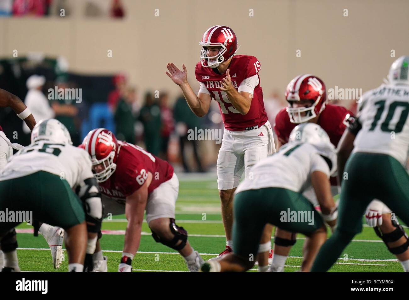 Indiana quarterback Fernando Mendoza (15) calls the play during an NCAA ...