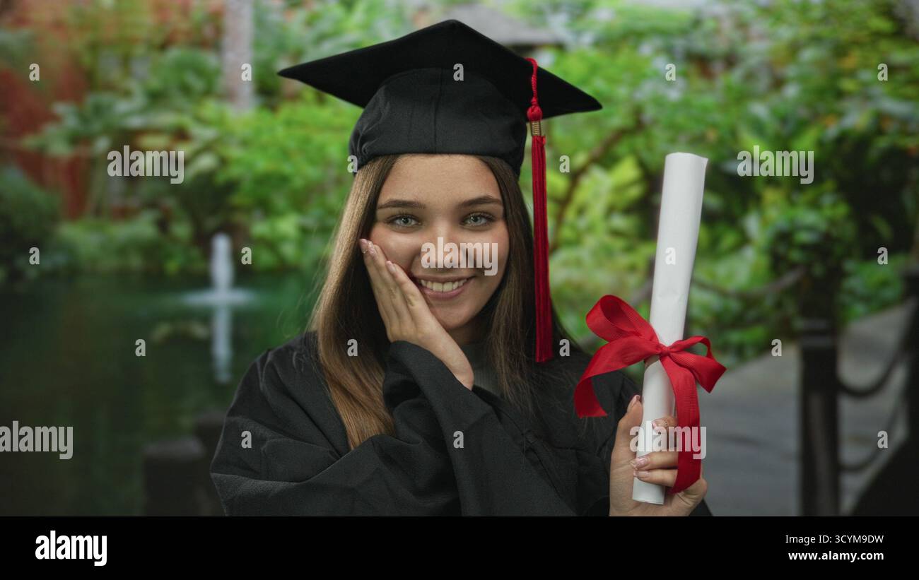 Teenager girl wearing graduation cap and gown holds diploma scroll with ...