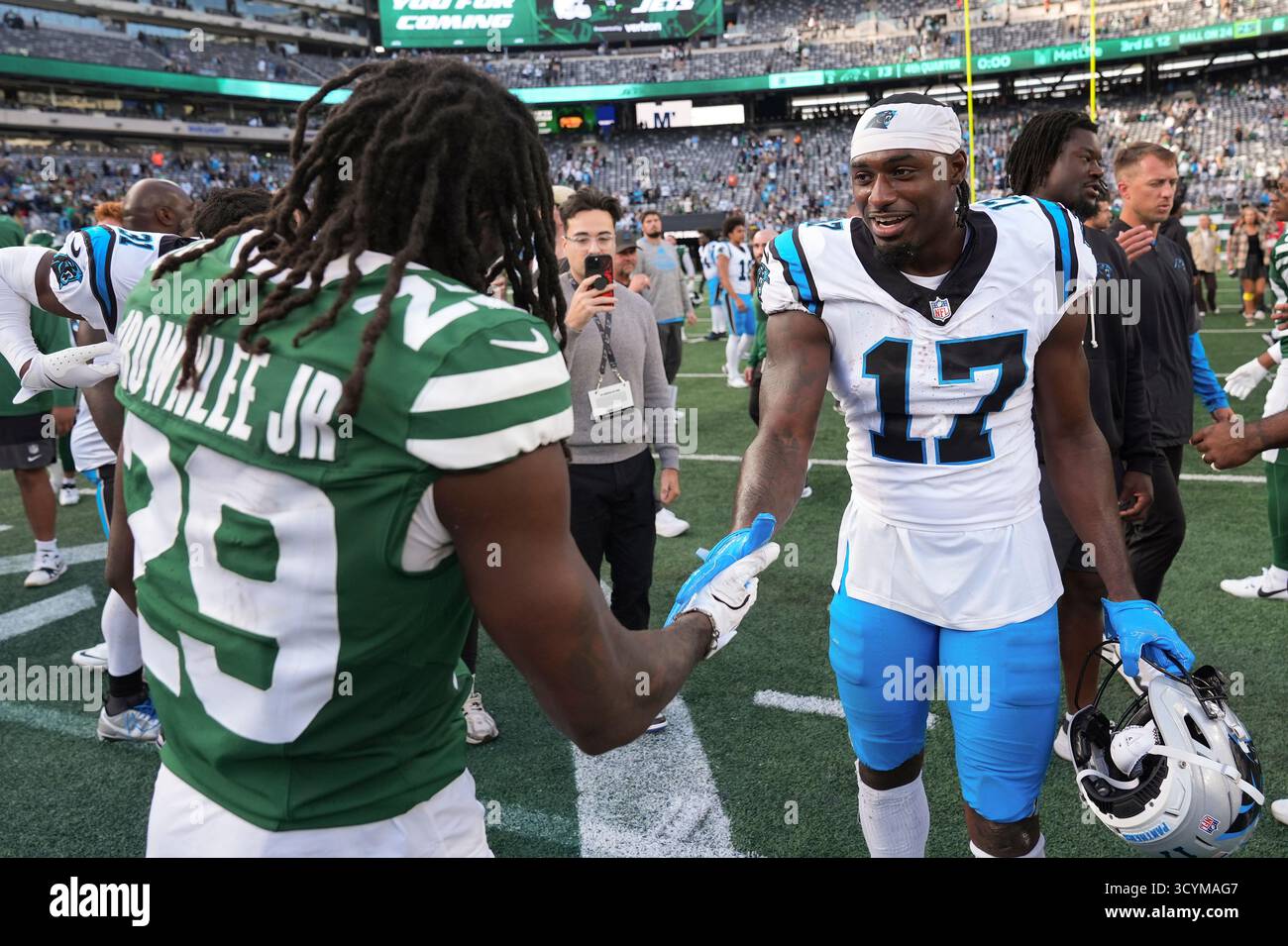 Carolina Panthers wide receiver Xavier Legette (17) greets New York ...
