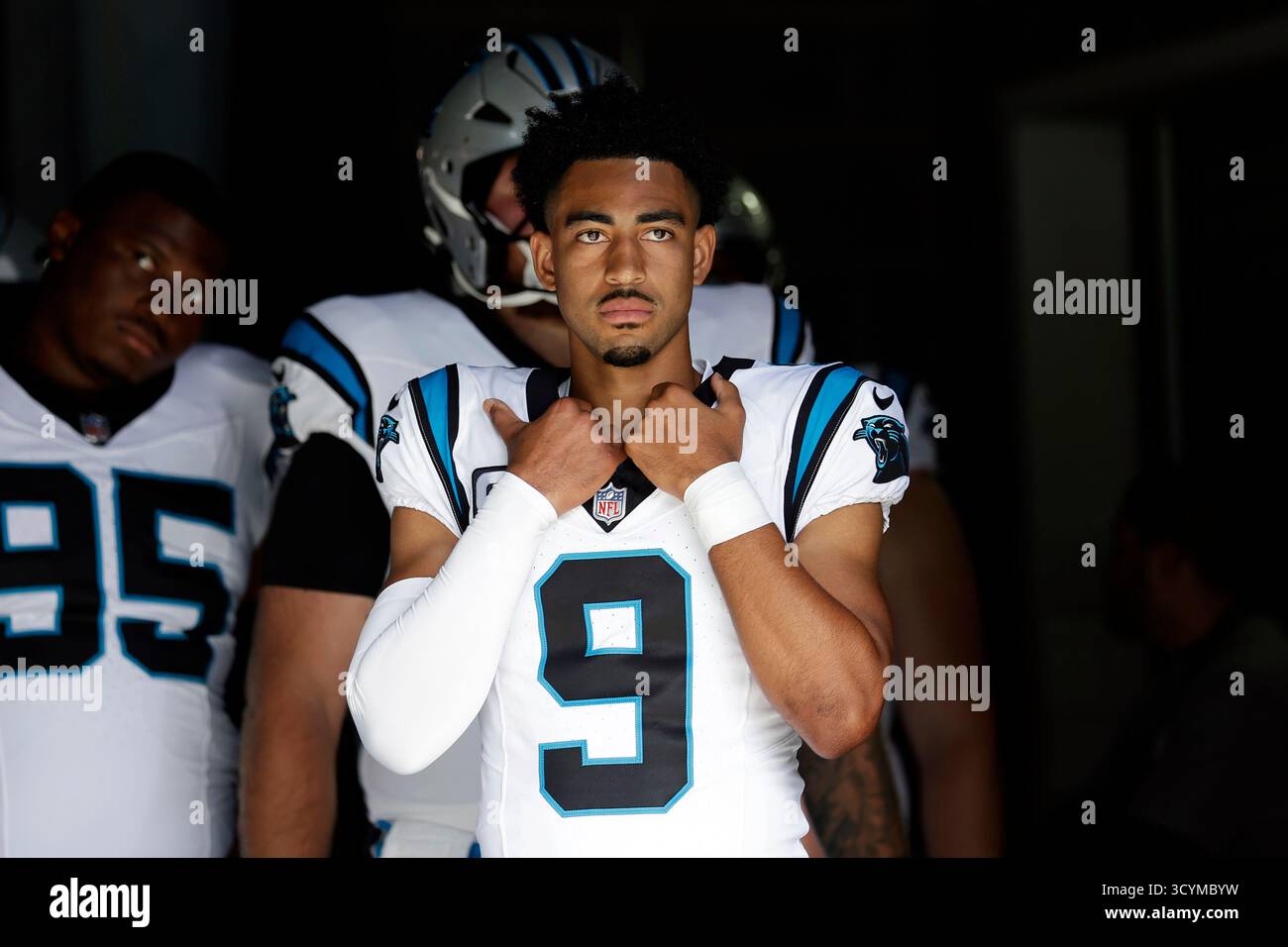 Carolina Panthers quarterback Bryce Young (9) waits to take the field ...
