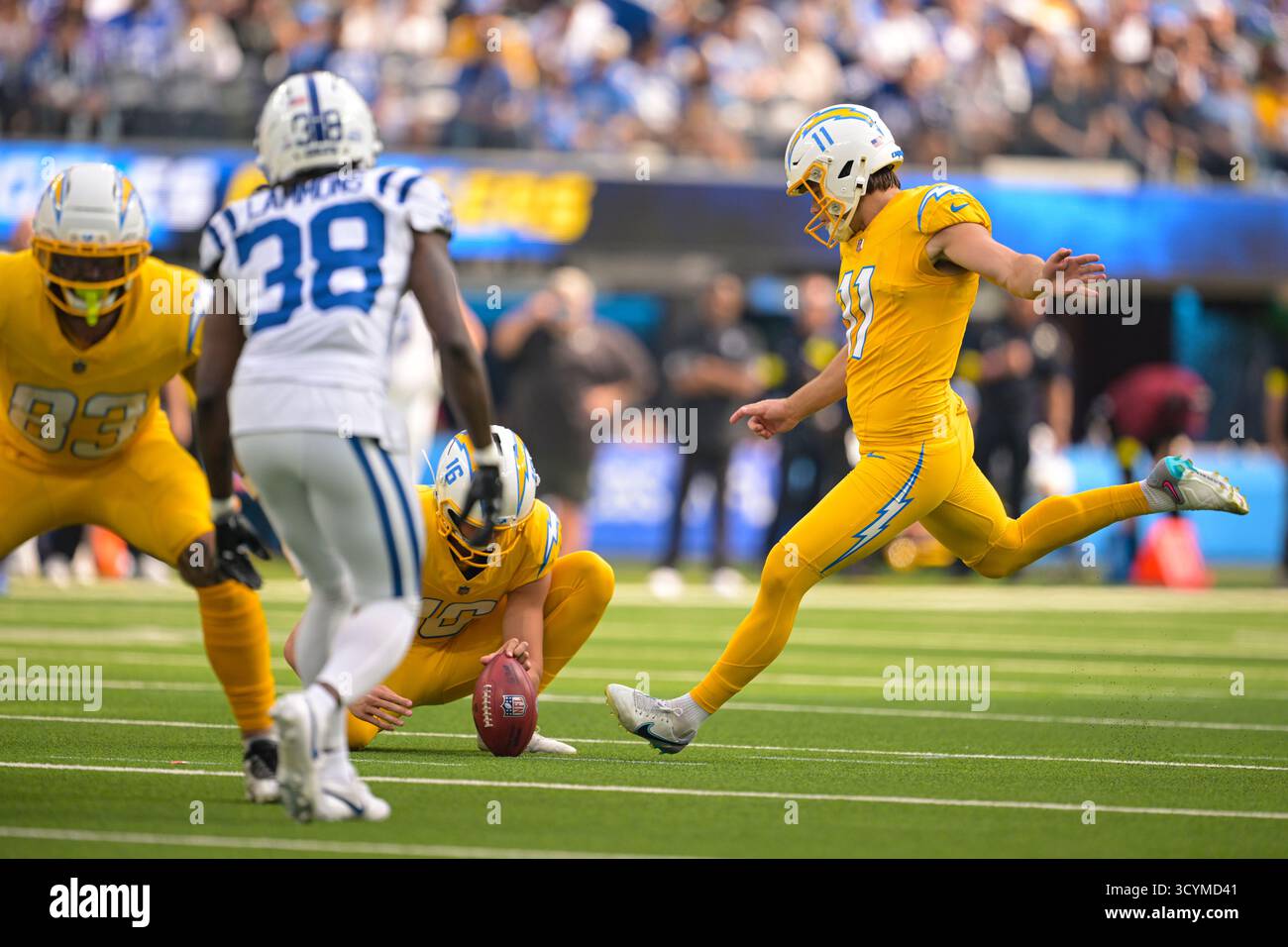 Los Angeles Chargers kicker Cameron Dicker (11) kicks a field goal ...