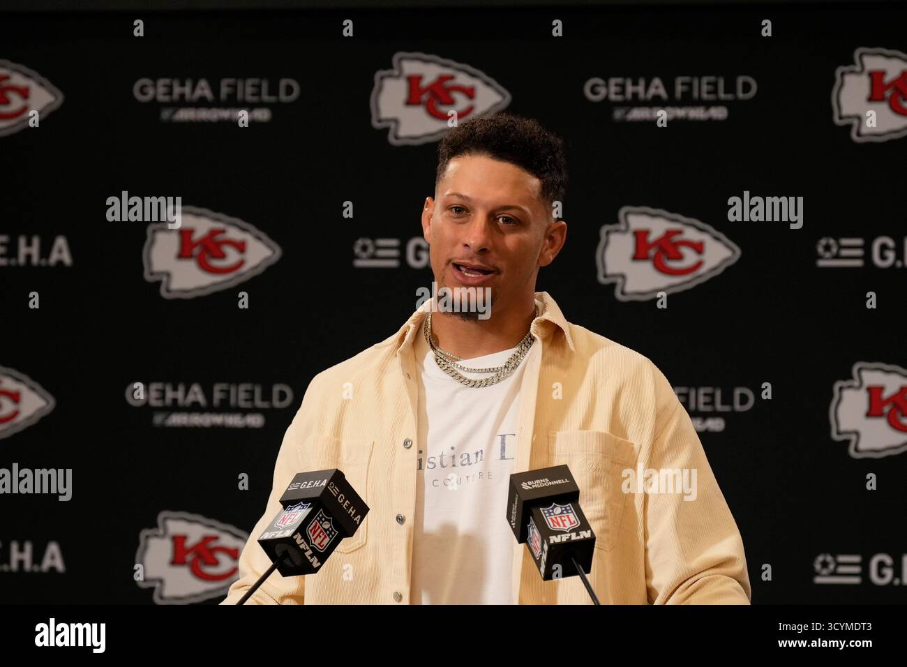 Kansas City Chiefs quarterback Patrick Mahomes speaks during a news ...