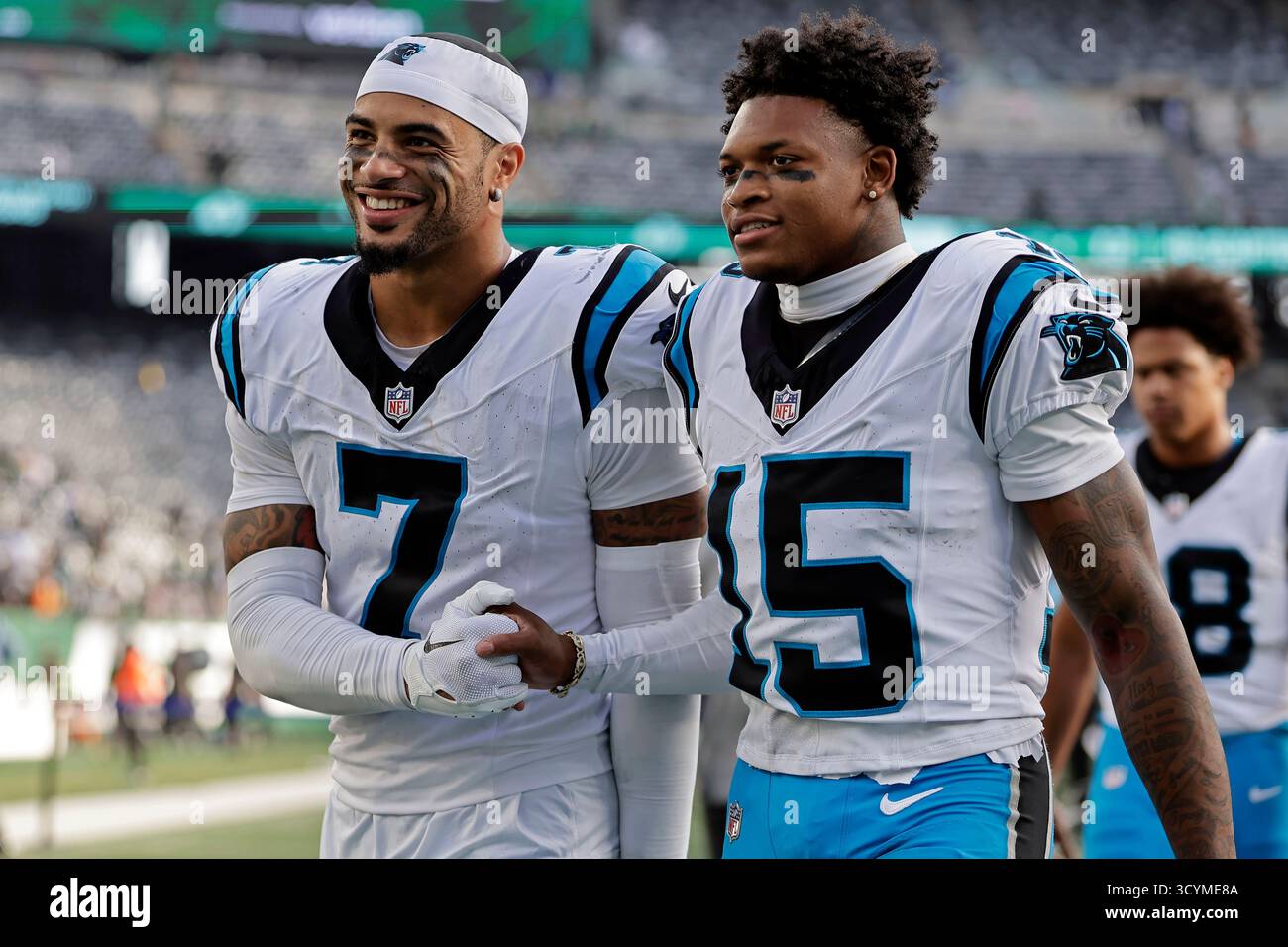 Carolina Panthers safety Tre'Von Moehrig (7) and wide receiver Jimmy ...