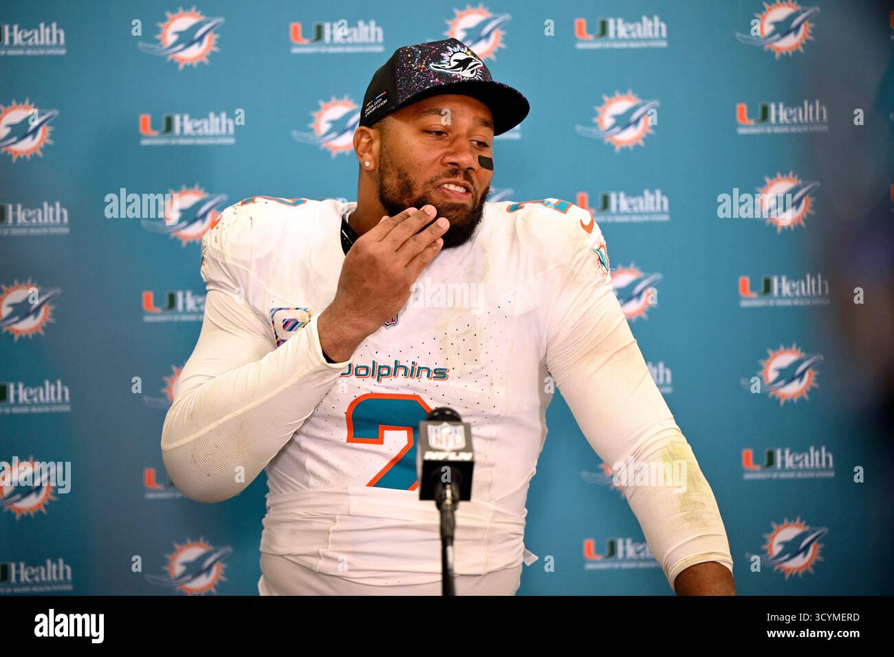Miami Dolphins outside linebacker Bradley Chubb (2) answers questions ...