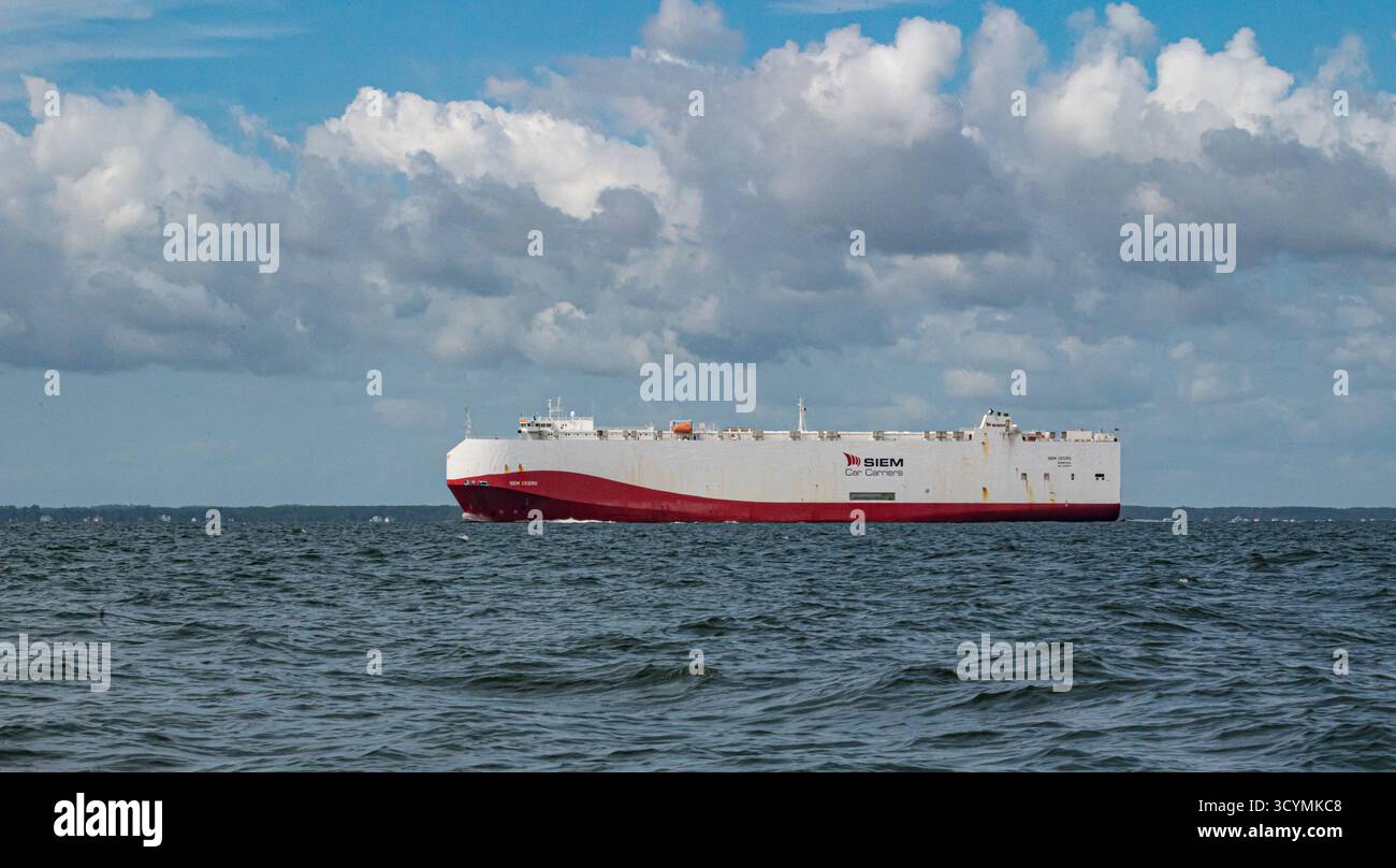 Car carrier ship on the Chesapeake Bay is delivering new cars to the ...