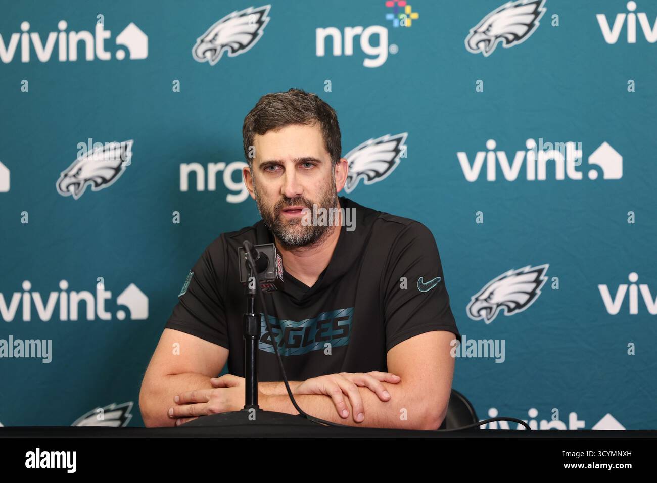 Philadelphia Eagles head coach Nick Sirianni answers questions after an ...