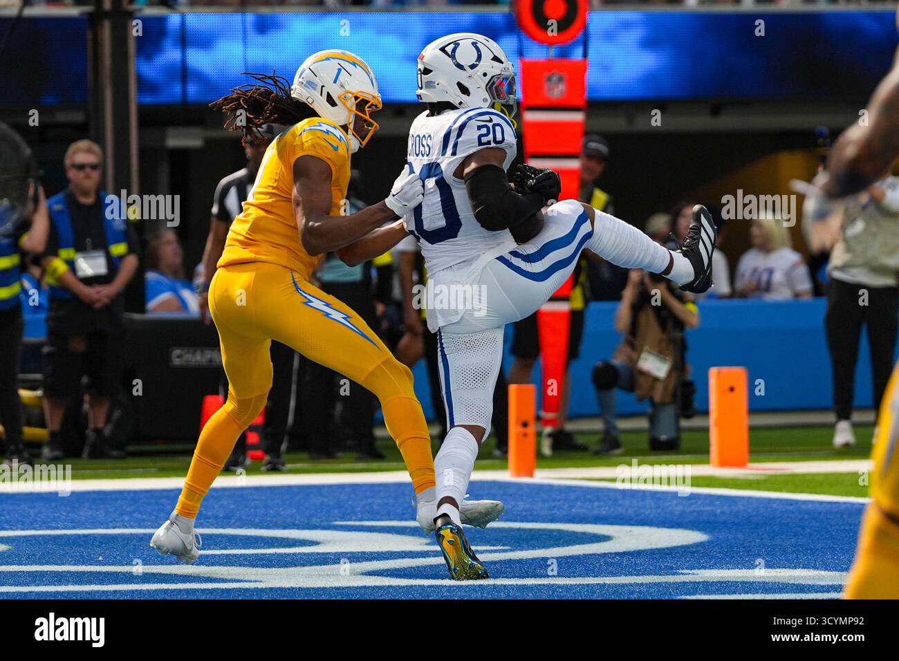 Indianapolis Colts safety Nick Cross (20) intercepts a pass in front of ...