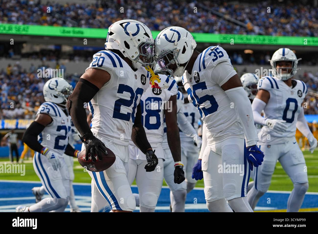 Indianapolis Colts safety Nick Cross (20) celebrates an interception ...