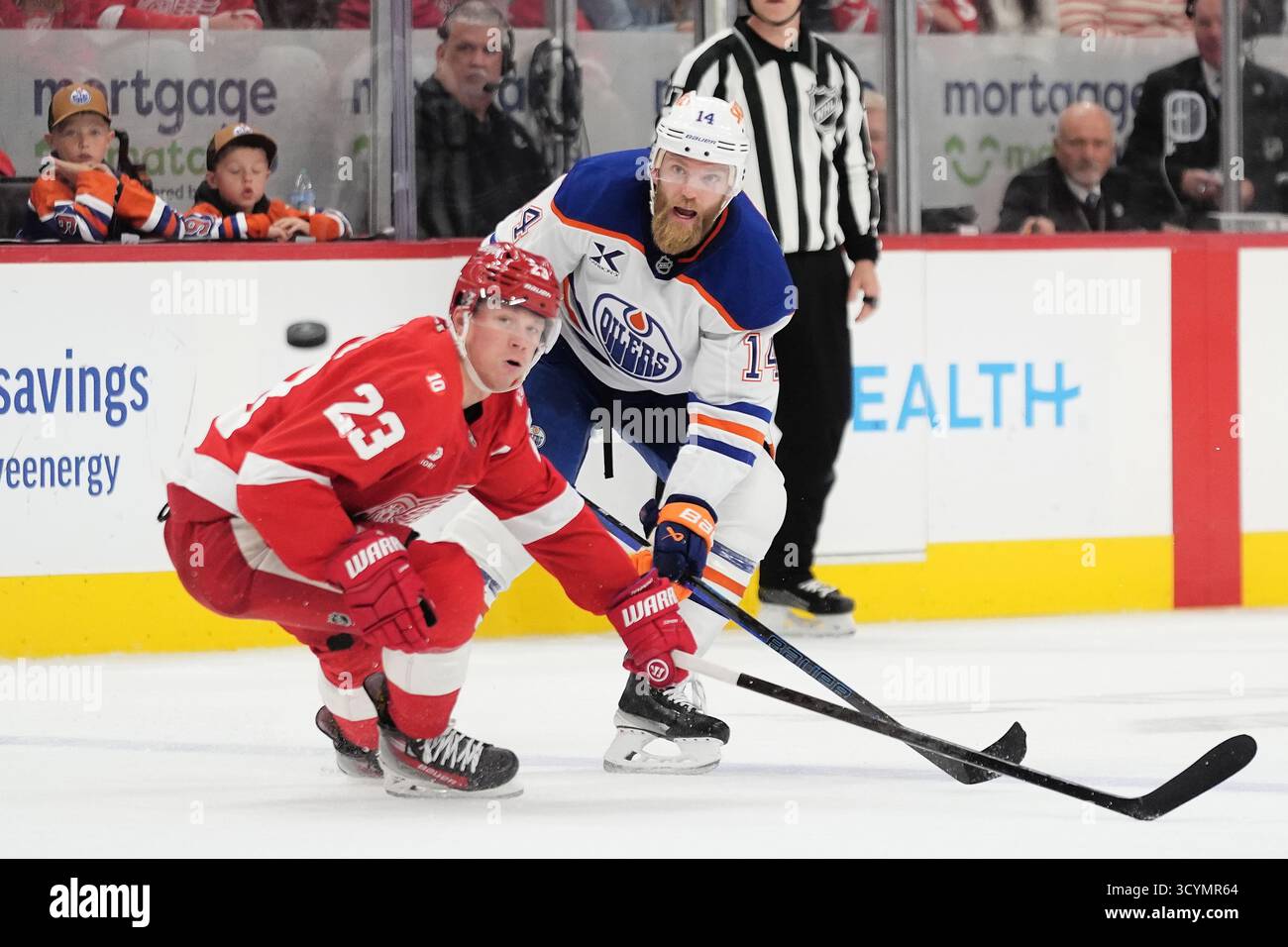 Edmonton Oilers defenseman Mattias Ekholm (14) shoots the puck past ...