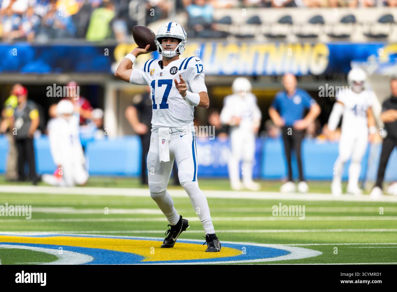 Indianapolis Colts quarterback Daniel Jones (17) throws a pass during an NFL football game ...