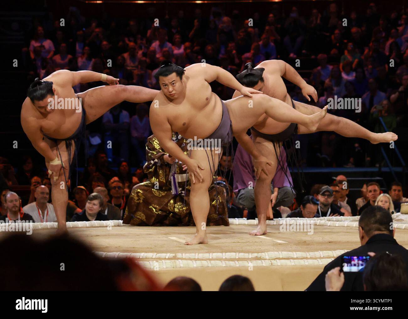 Sumo wrestlers attend the final day of the London Grand Sumo Tournament ...