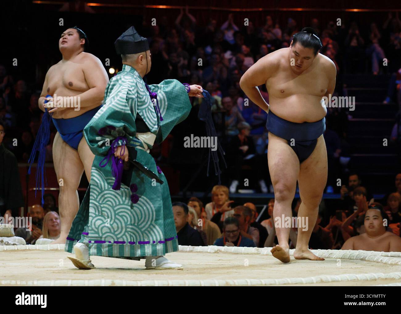 Yokozuna-ranked Onosato (L) is lost to Yokozuna-ranked Hoshoryu on the ...