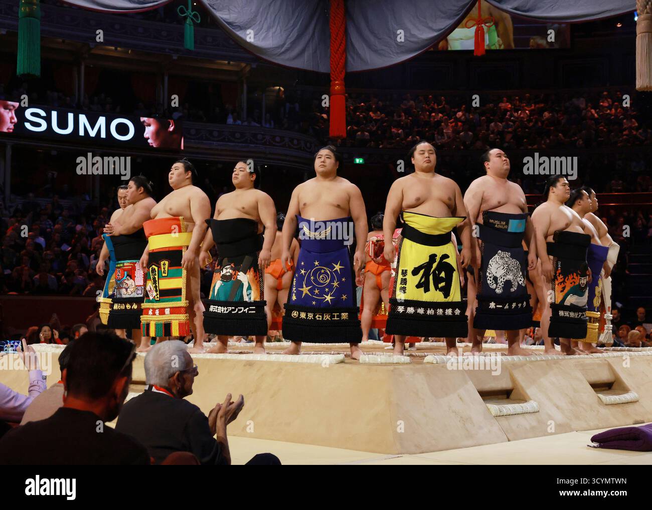 Sumo wrestlers attend the final day of the London Grand Sumo Tournament ...
