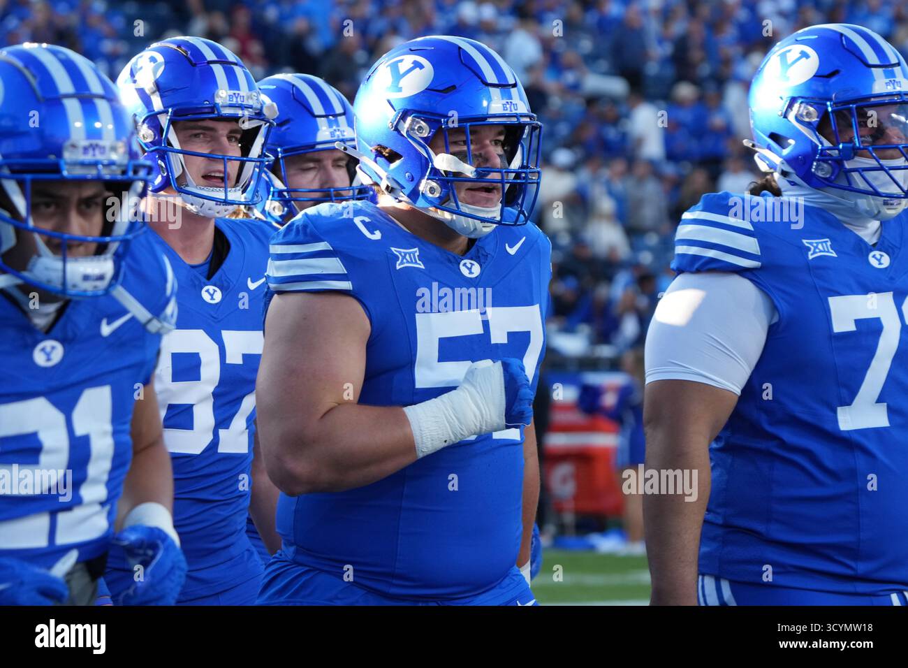 BYU defensive tackle Keanu Tanuvasa (57) warms up before an NCAA ...