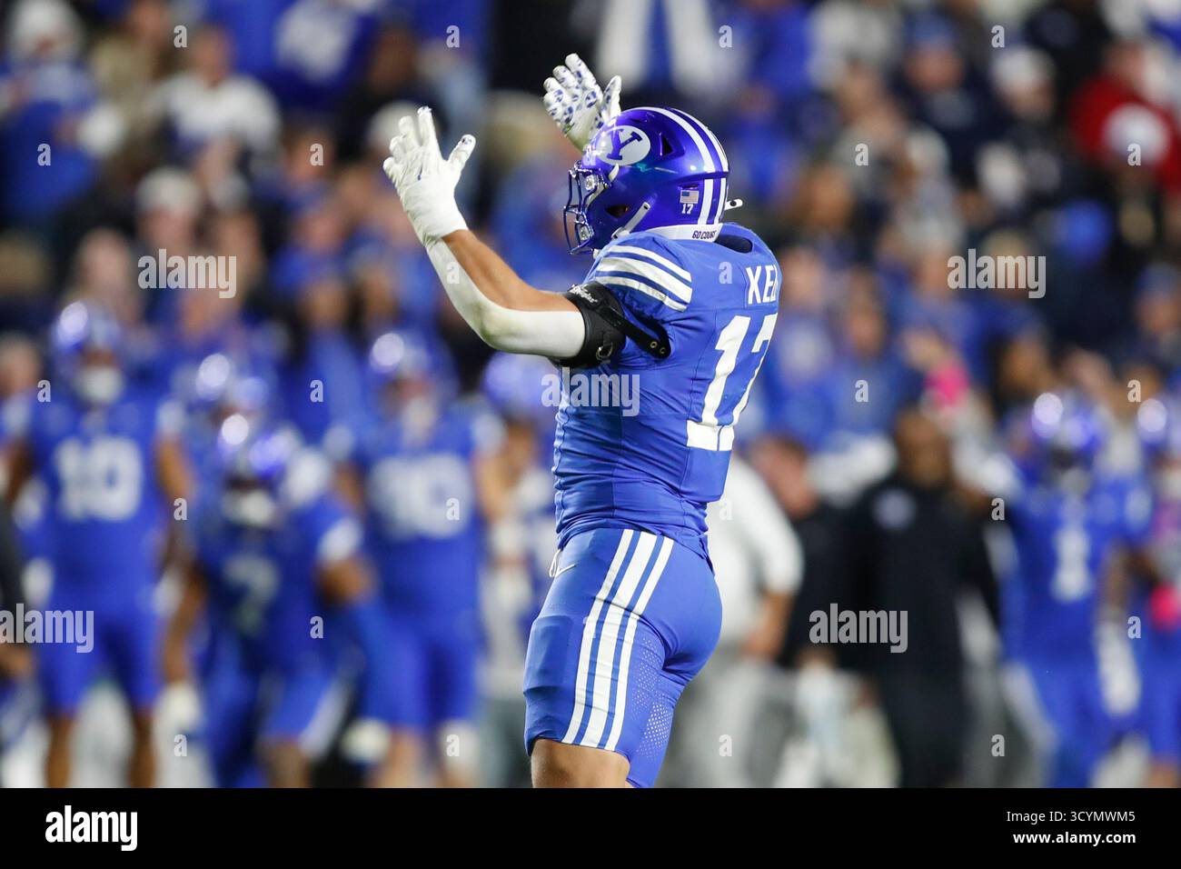 BYU linebacker Jack Kelly (17) celebrates during the second half of an ...