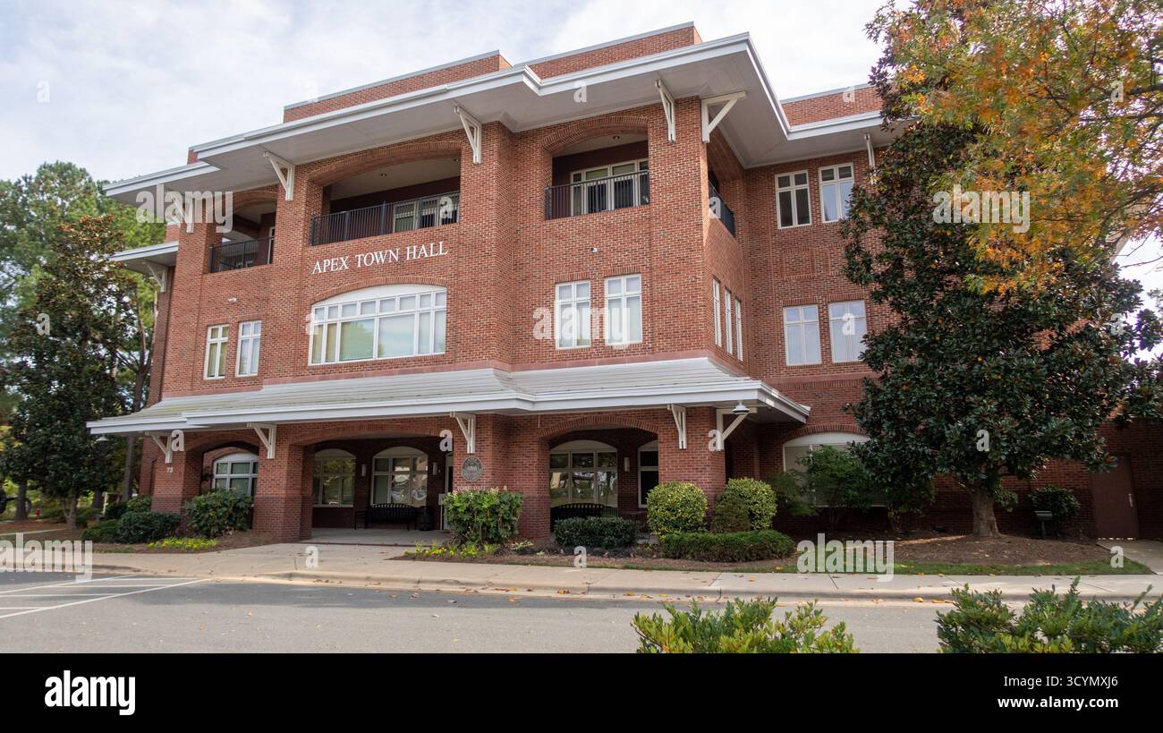 Sunny Daytime Drone Image of The Town Hall Building in Downtown Apex ...