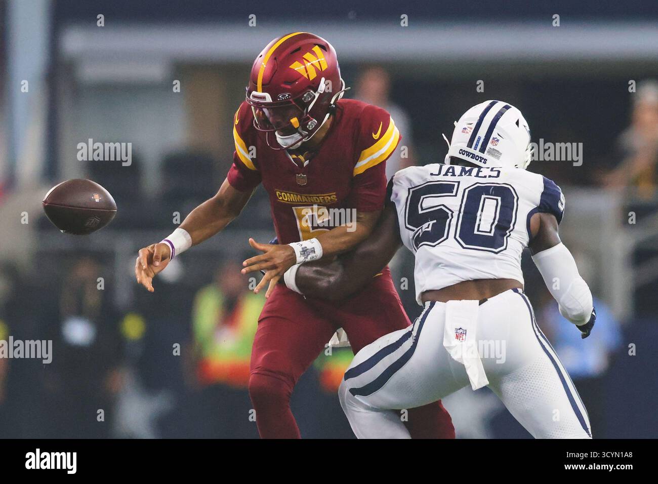 Dallas Cowboys linebacker Shemar James (50) forces a fumble by ...