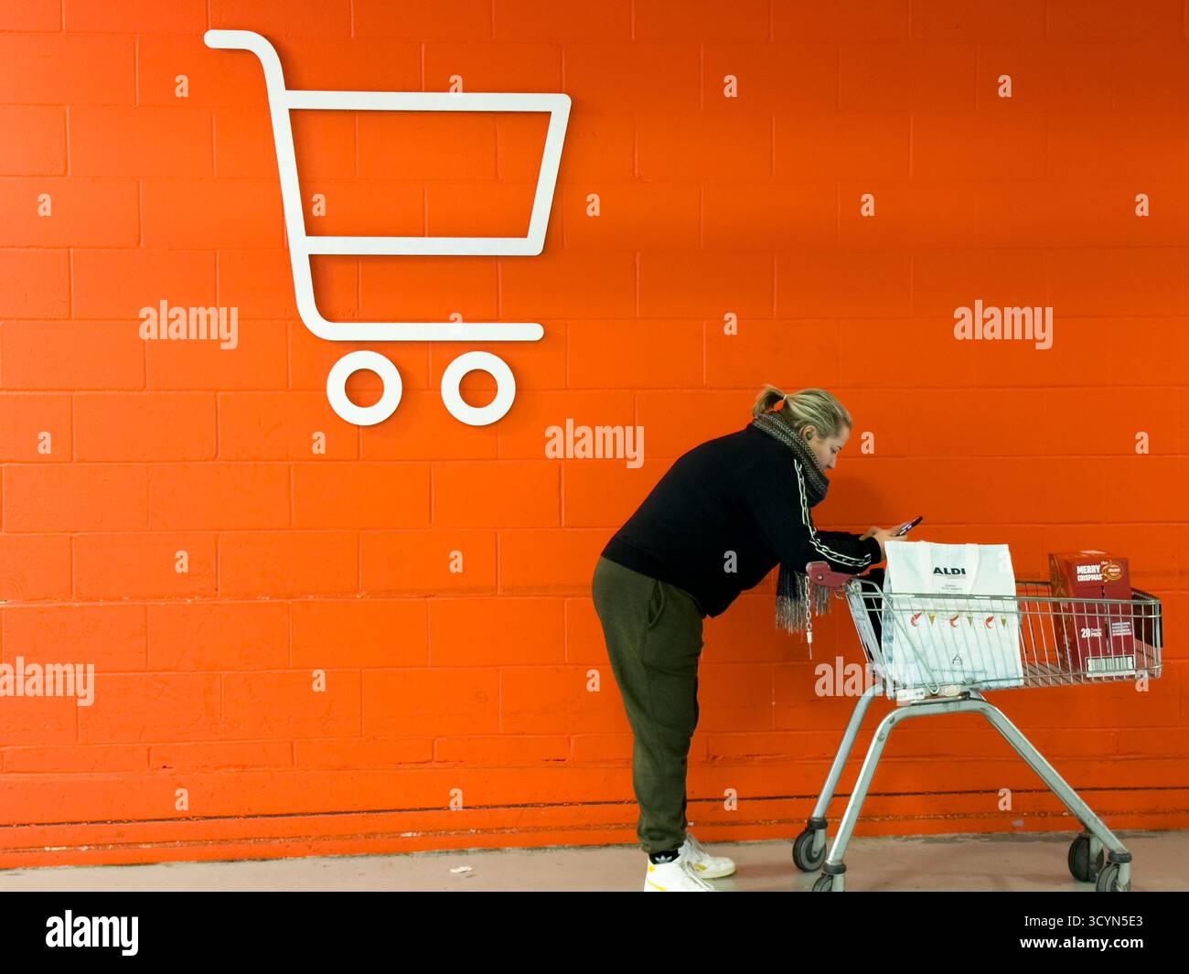 A shopper rests her forearm on a trolley handle while checking her ...