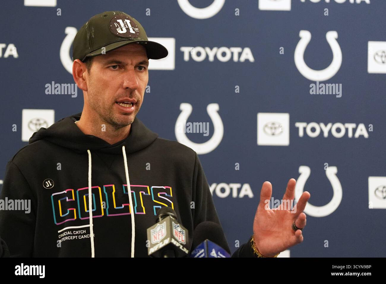 Indianapolis Colts head coach Shane Steichen speaks during a news ...