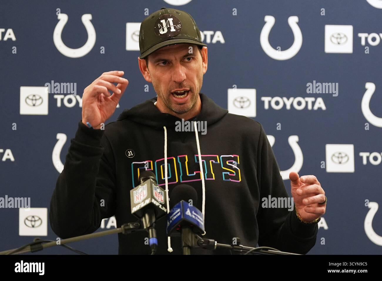 Indianapolis Colts head coach Shane Steichen speaks during a news ...