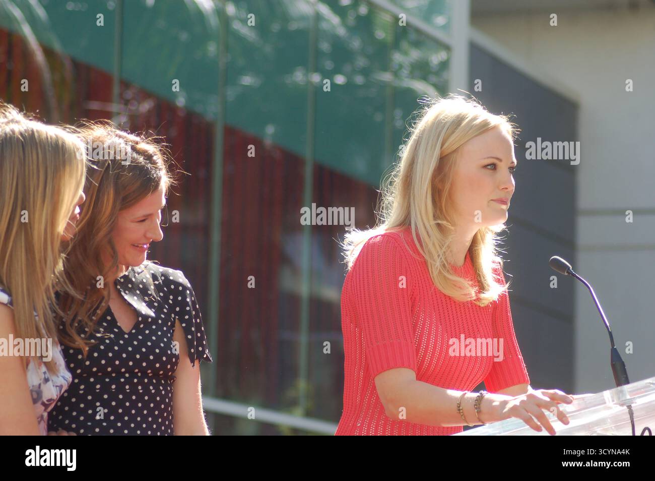 Malin Åkerman speaks onstage alongside Jennifer Aniston and Kathryn ...