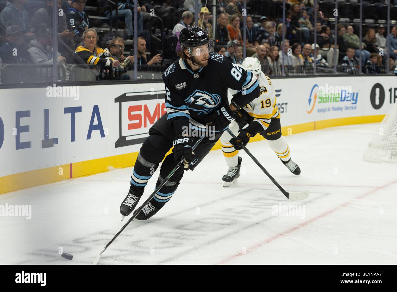 Utah Mammoth center Kevin Stenlund (82) moves the puck against Boston ...