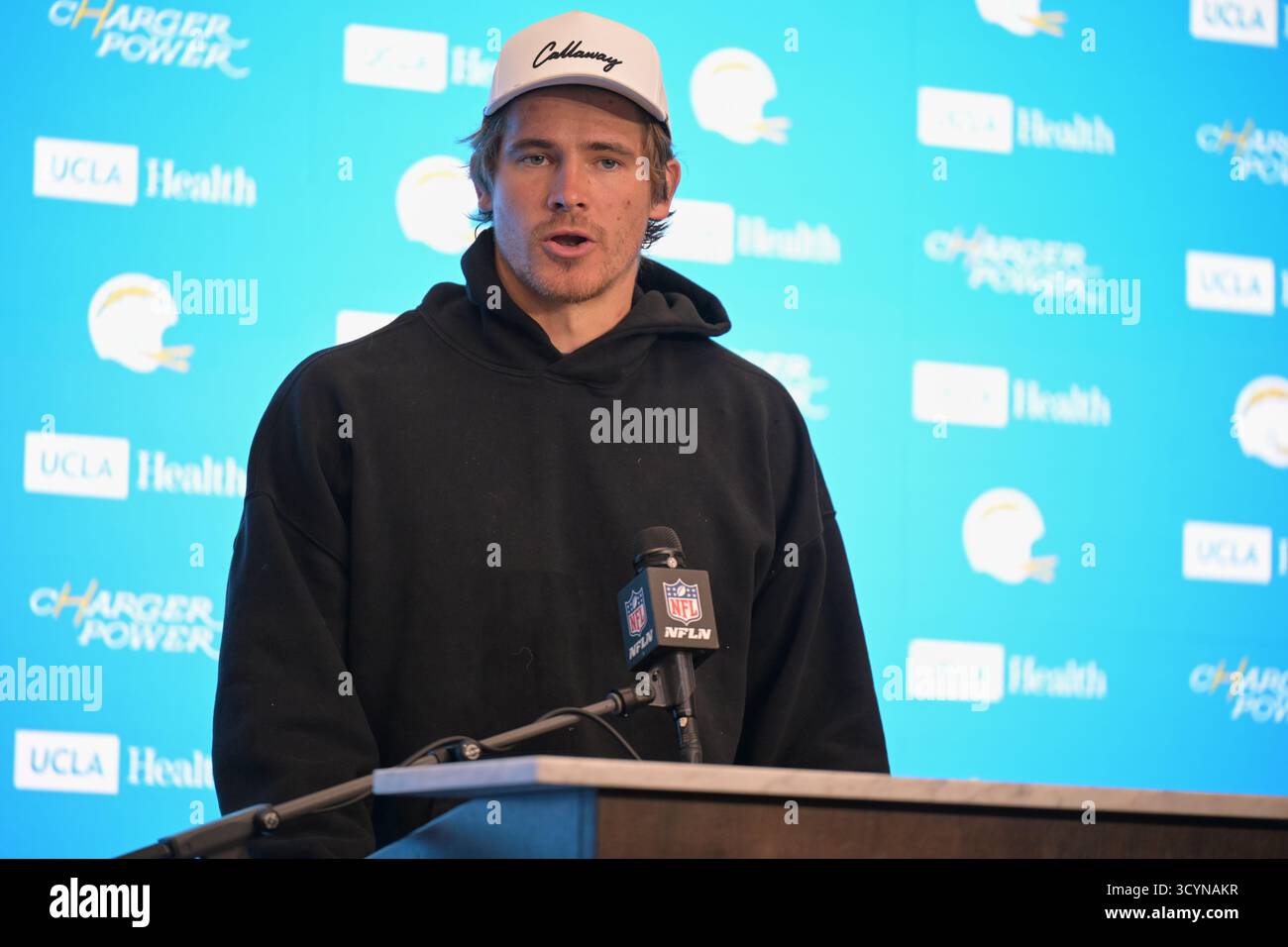 Los Angeles Chargers quarterback Justin Herbert speaks during a news ...