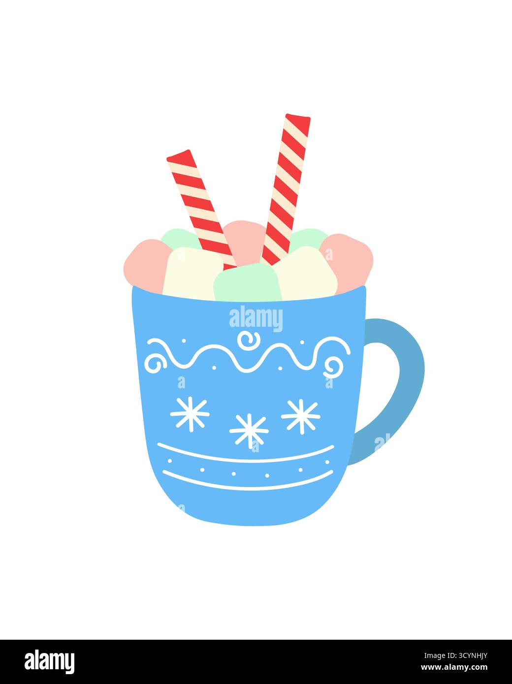 Christmas blue cup of hot drink, mug of hot cocoa with marshmallows and ...