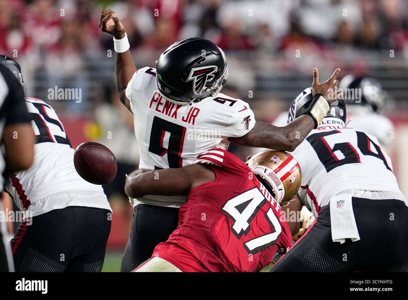 San Francisco 49ers defensive end Bryce Huff (47) forces a fumble ...
