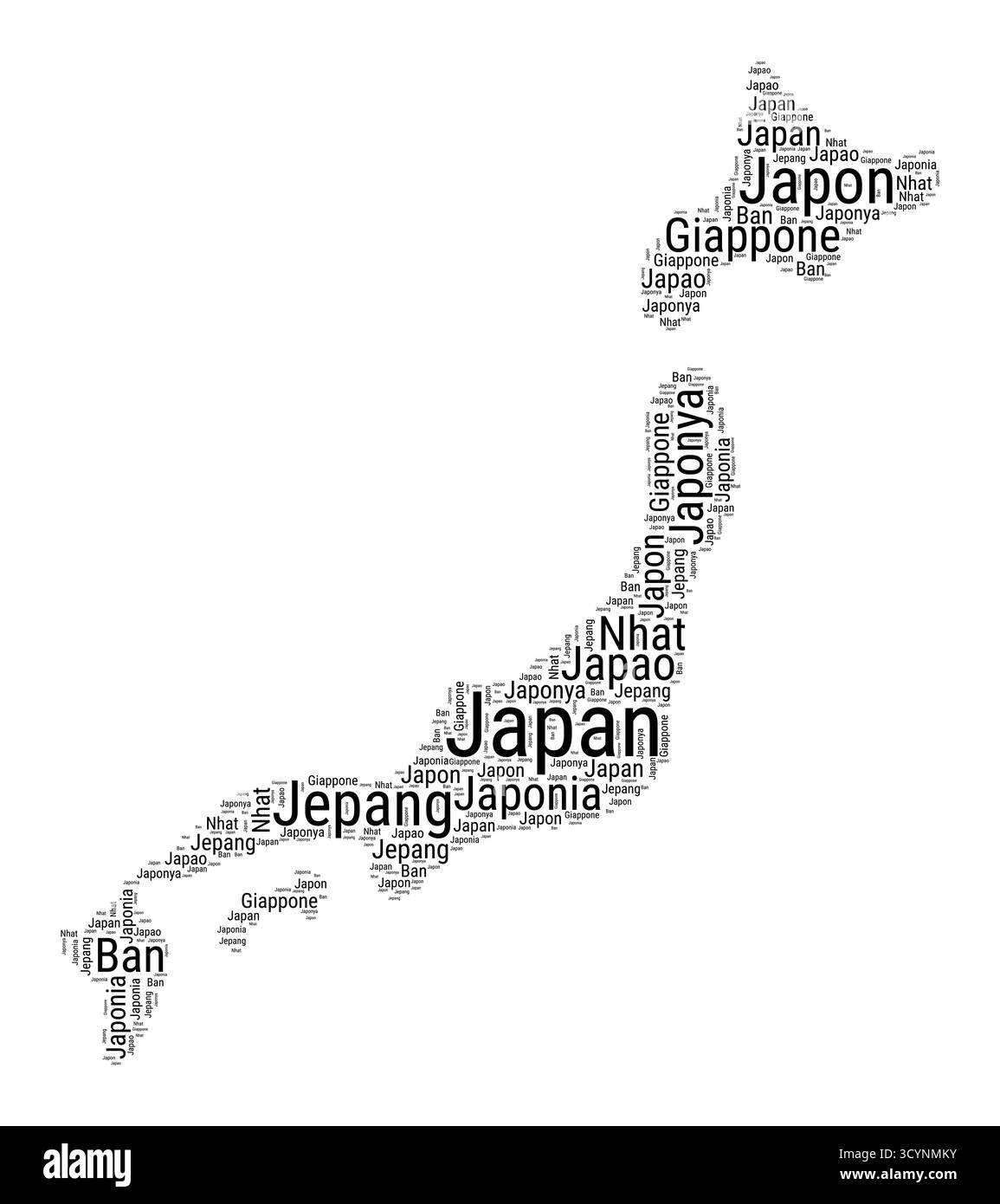 Black and white word cloud in Japan shape. Simple typography style ...