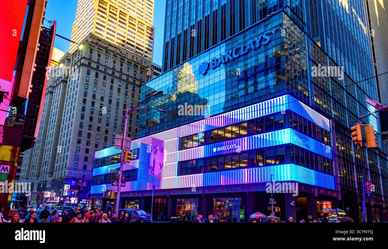 New York, United States, Barclays Building Lights Up 7th Avenue at Dusk ...