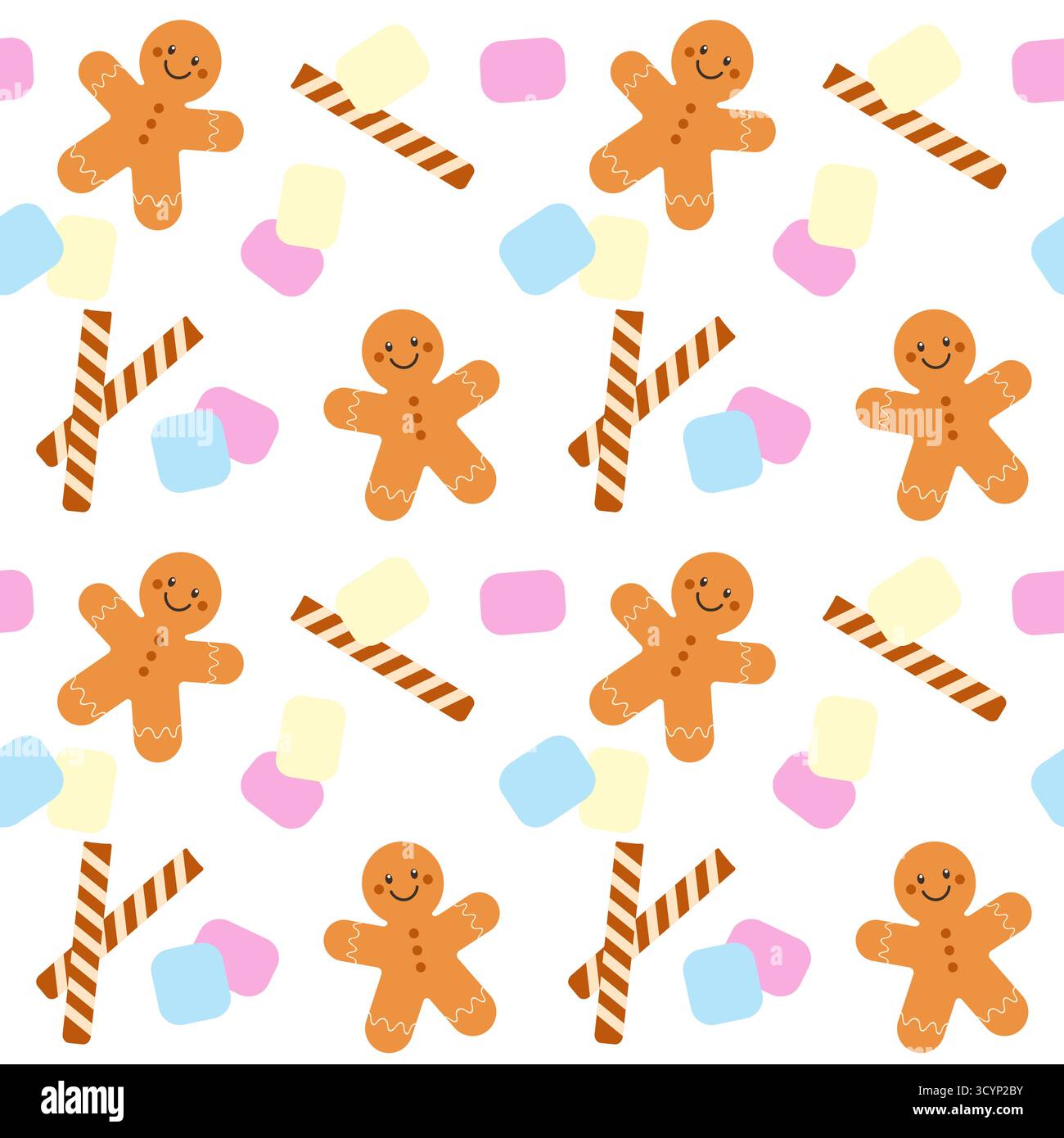 Pattern with Gingerbread man, marshmallows and wafer rolls, winter ...