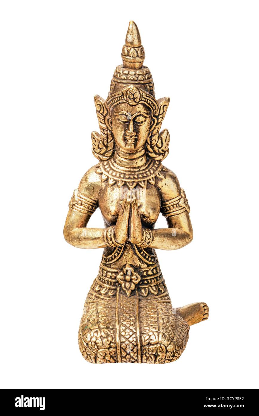 This miniature silver statue depicts a goddess with intricate details ...