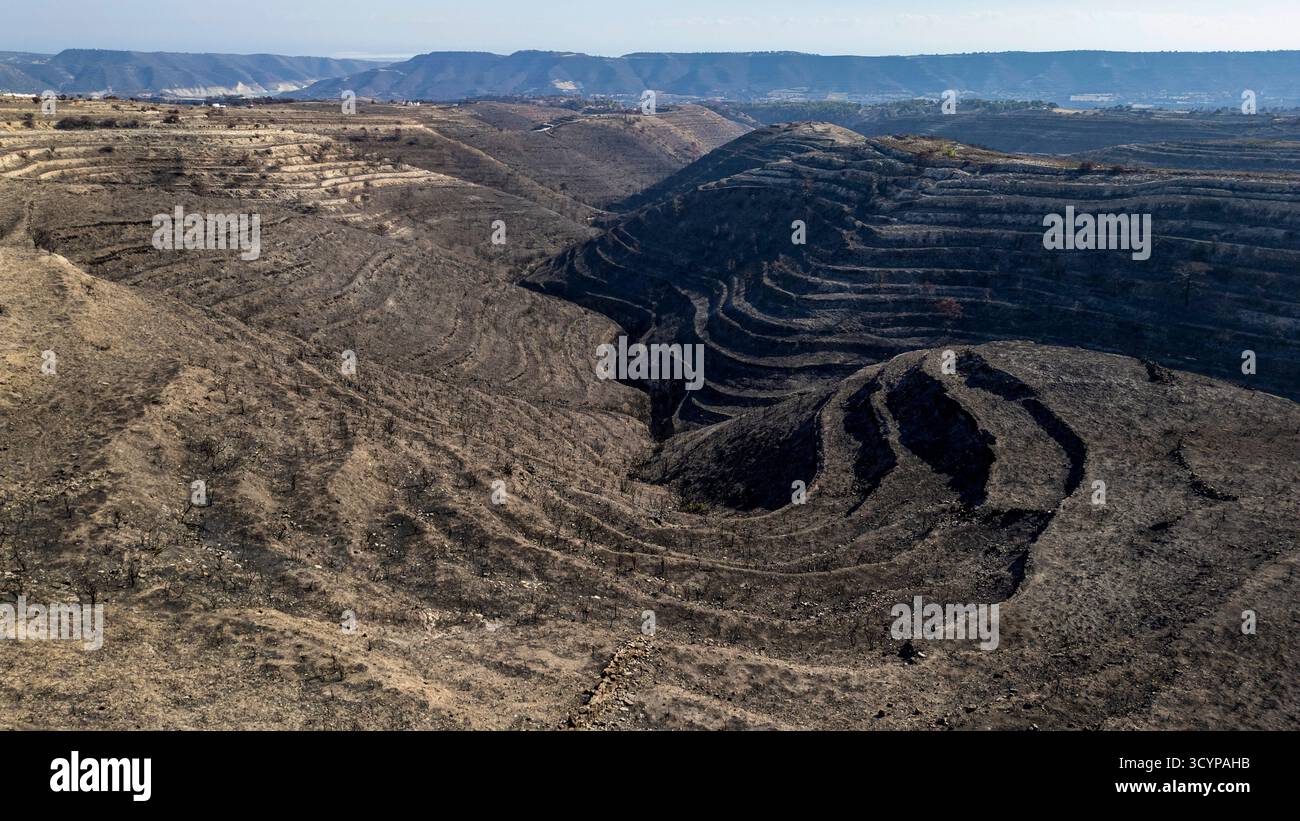 Scorched landscape near Lofou village caused by the summer wildfires on ...