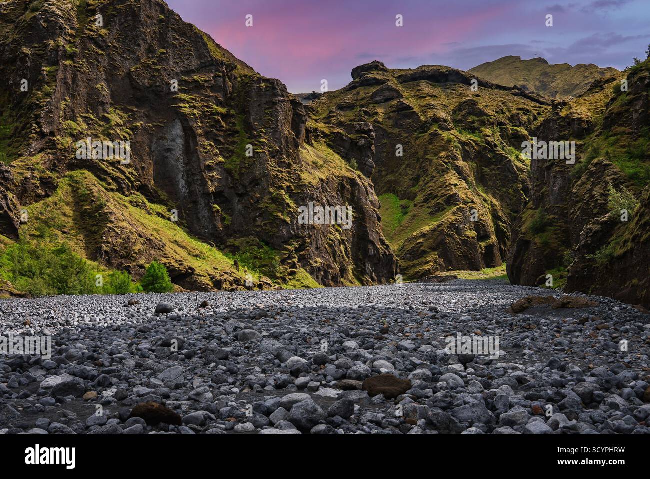 Icelandic volcanic canyon opens to stony riverbed at twilight Stock ...